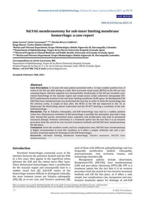 Pdf Ndyag Membranotomy For Sub Inner Limiting Membrane Hemorrhage A