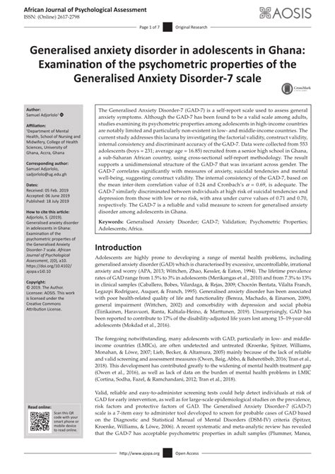 PDF Generalised Anxiety Disorder In Adolescents In Ghana Examination Of The Psychometric