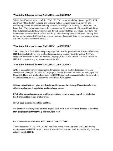 What Is The Difference Between Xml Html And Xhtml Pdf Data Structure Html