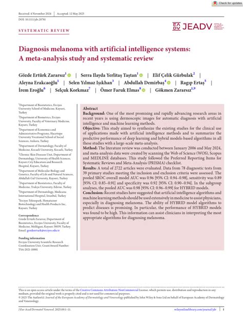 Diagnosis Melanoma With Artificial Intelligence Systems A Meta