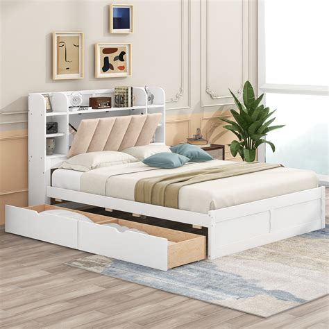 Queen Size Wood Platform Bed Frame With Upholstery Headboard And Storage