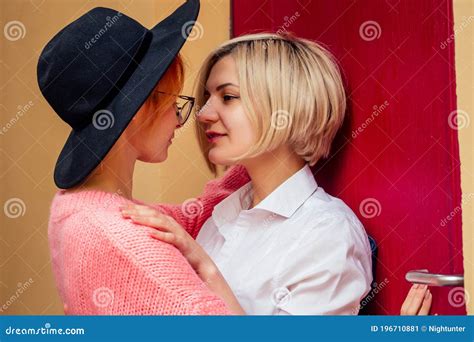 Two Cheerful Same Sex People In Love Walking Outdoors In Europe Stock Image Image Of City