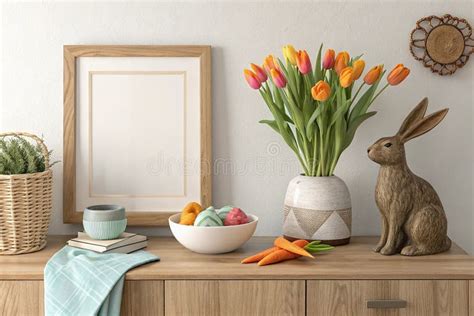 Warm And Cozy Easter Living Room With Mock Up Frame Tulips Hare Sculpture And Personal