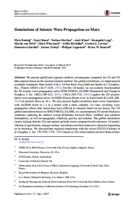 Pdf Simulations Of Seismic Wave Propagation On Mars