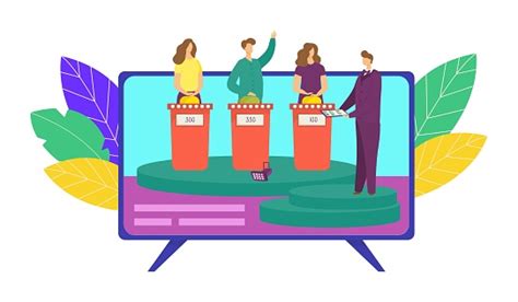 Tv 쇼에서 사람 텔레비전 엔터테인먼트 개념 벡터 일러스트 퀴즈 퀴즈 테스트 질문 디자인에서 남자 여자 만화 캐릭터 개념에 대한