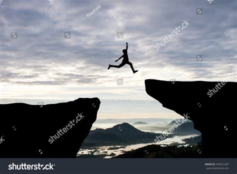Man Jump Through Gap Between Hill Stock Illustration 549521287