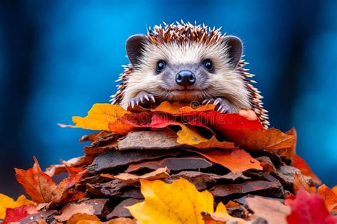 A Hedgehog Sitting On Top Of A Pile Of Leaves Stock Image Image Of Stone Leaves