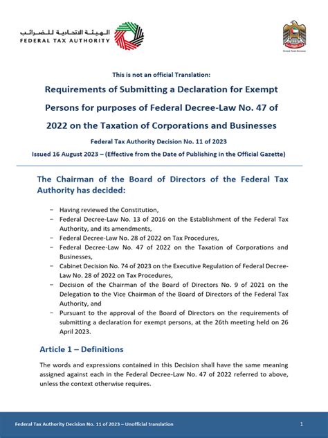 Federal Tax Authority Decision 112023 Pdf Decree Taxes