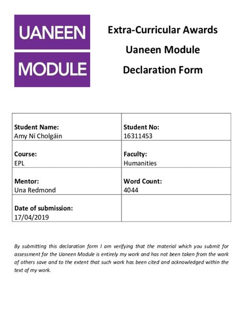 Fillable Online Extra Curricular Awards Uaneen Module Declaration Form