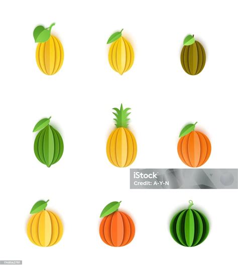 종이 컷 스타일의 열 대 과일의 집합입니다 시트 러 스 오렌지 귤 파인애플 라임 레몬 자 몽 멜론 박 키 위와 종이 접기 예술에 잎 벡터 카드 그림입니다 슬라이스에 대한