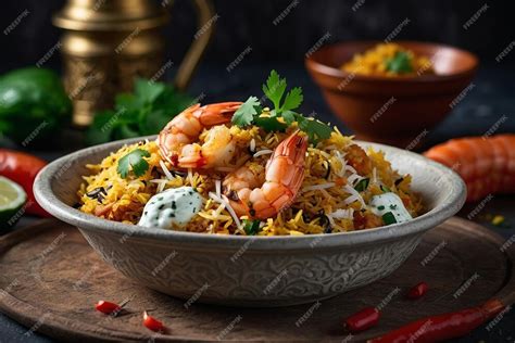 Premium Photo Spicy Prawn Biryani With A Side Of Cucumber Raita