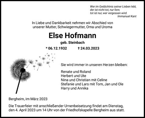 Traueranzeigen Von Else Hofmann Trauer Hna De