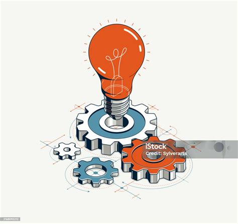 엔지니어링 아이디어 개념 혁신 발명 및 솔루션 은유 기어 벡터 3d 아이소 메트릭 일러스트 레이티 기계 엔진 작동과 전구 3차원 형태에 대한 스톡 벡터 아트 및 기타 이미지