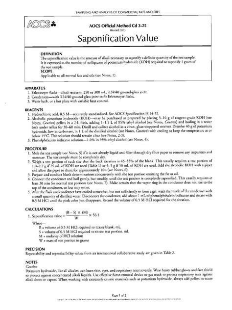 Aocs Official Method Cd 3 25 Saponification Value Pdf