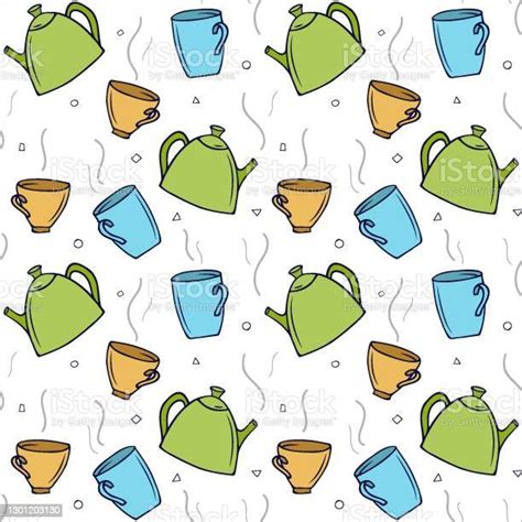 컵과 주전자 뜨거운 증기 흰색 배경에 컬러 격리 된 개체의 원활한 반복 패턴 낙서 배경 주제에 대한 스톡 벡터 아트 및 기타 이미지 배경 주제 차 뜨거운 음료 0명