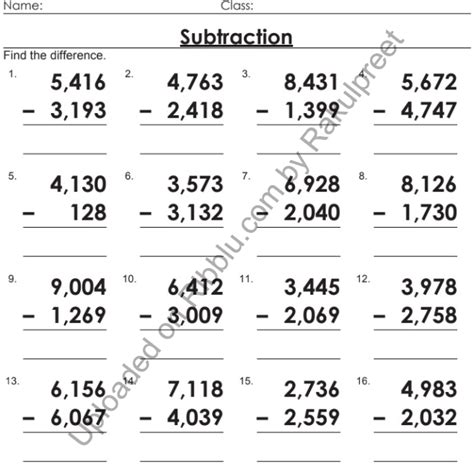 Subtraction Worksheets For Class 3 Maths
