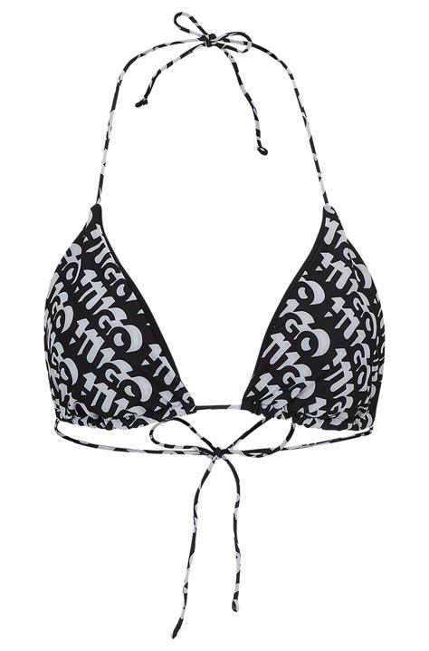 Hugo Triangle Bikini Top With Repeat Logo Print Black Patterned