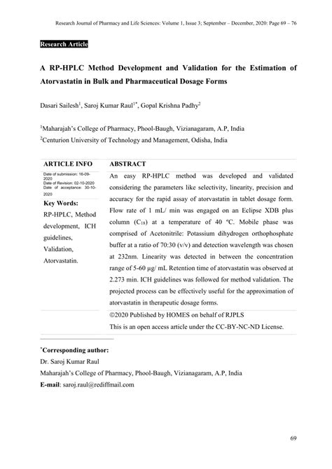 Pdf A Rp Hplc Method Development And Validation For The Estimation Of