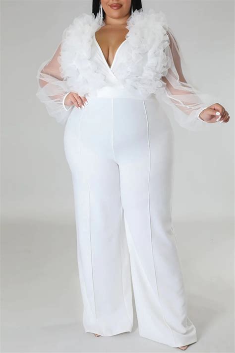 Wholesale White Casual Solid Patchwork V Neck Plus Size Jumpsuits