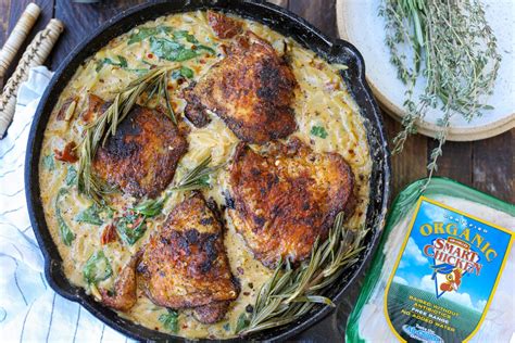 One Skillet Crispy Tuscan Chicken Thighs With Creamy Orzo Pasta