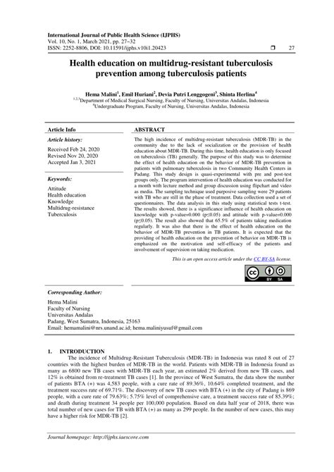 Pdf Health Education On Multidrug Resistant Tuberculosis Prevention Among Tuberculosis Patients