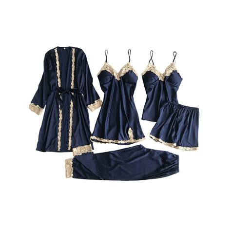 Lapa Women 5 Pcs Pajamas Set Silk Satin Imitation Sleeveless Lingerie