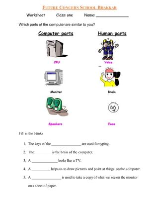 Computer Worksheet Grade 1 ESL Worksheet By Aartivasandani