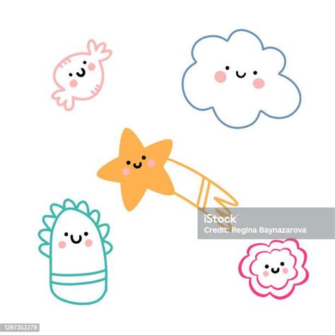 귀여운 캐릭터 5개 세트 수동으로 그려진 다양한 가와이 이 개체 낙서 스타일의 현대 패션 벡터 일러스트 밝은 색상 가공의 인물에 대한 스톡 벡터 아트 및 기타 이미지