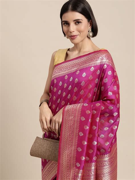 Buy Mitera Pink And Gold Toned Ethnic Motifs Zari Silk Blend Banarasi