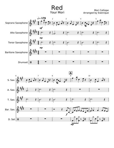 Red For Sax Quartet Sheet Music For Saxophone Alto Saxophone Tenor