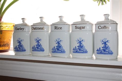 5 Blue And White Kitchen Canisters Windmill Pattern Antique Bavaria