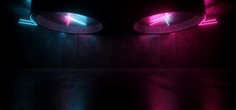 공상 과학 소설 미래 레이저 네온 단계 연단 터널 복도 복도 차고 활기찬 보라색 파란색 반사 그런지 콘크리트 가상 사이버 팬텀 밤 어두운 삼각형 타원형 3d 렌더링 0명에