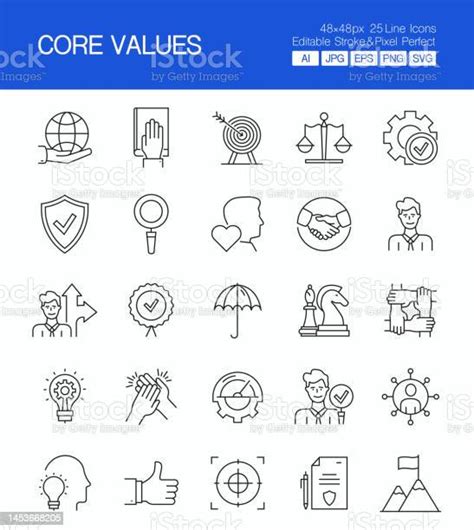 핵심 값 얇은 선 벡터 아이콘 세트입니다 디자인은 편집 가능하며 색상을 변경할 수 있습니다 창의력 아이콘의 벡터 세트 책임 정직 신뢰 품질 비전 무결성 아이콘에 대한 스톡