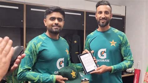Aus Vs Pak Shan Masood Presents Special Souvenir And Cap To Babar Azam