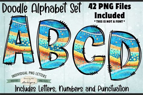 Colorful Waves Doodle Alphabet And Numbers Png Files