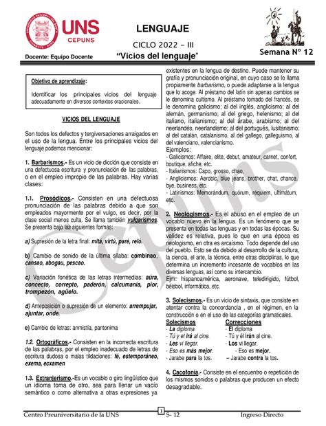 Lenguaje SEM 12 2022 III 1 LENGUAJE CICLO 2022 III Docente