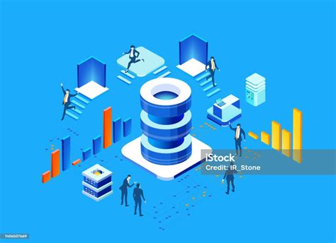 서버룸에서 일하고 소통하는 비즈니스 인력과 함께 하는 Isometric 3d 비즈니스 환경 기술 성공 인터넷 데이터 보호 및
