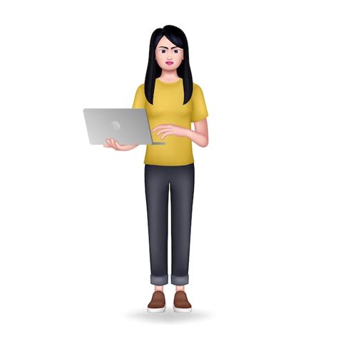 Premium Vector Girl Holding Laptop 3d Woman Programmer