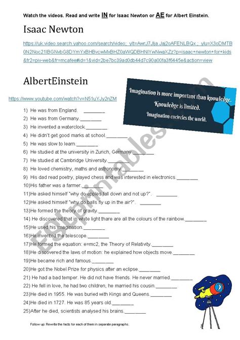 Isaac Newton Vs Albert Einstein Esl Worksheet By Anamarpupita