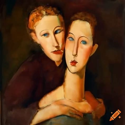 Two Persons Hugging In A Modigliani Inspired Painting On Craiyon
