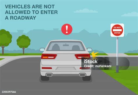 안전 운전 요령 및 교통 규제 규칙 미국 진입 금지 표지판 의미 자동차의 뒷모습 차량은 도로에 진입할 수 없습니다 벡터 일러스트 템플릿입니다 경계 표지에 대한 스톡 벡터