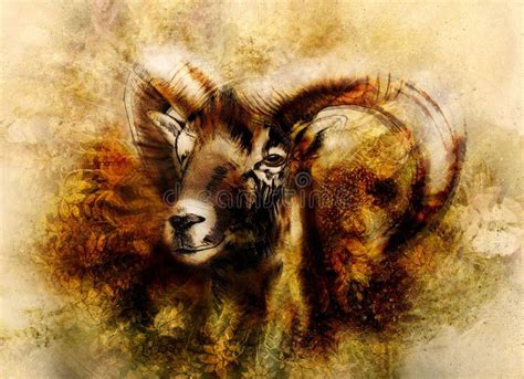 Drawing Of Male Wild Sheep With Mighty Horns On Flower Background Stock Video Video Of