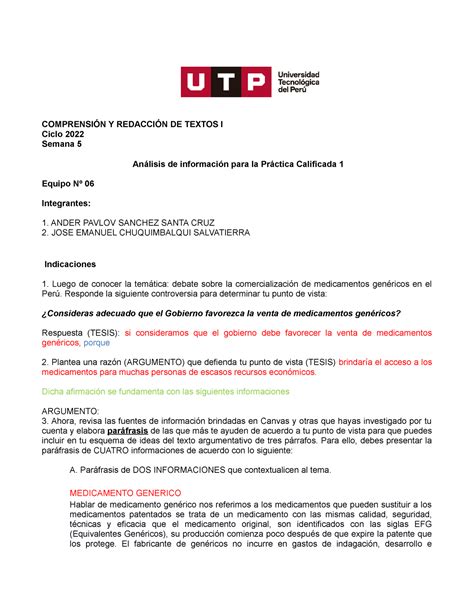 Semana 05 Tarea Análisis De Información Para La Práctica Calificada 1 ComprensiÓn Y