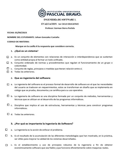 Parcial Ingenieria De Software I Agosto 30 2023 Pdf Software
