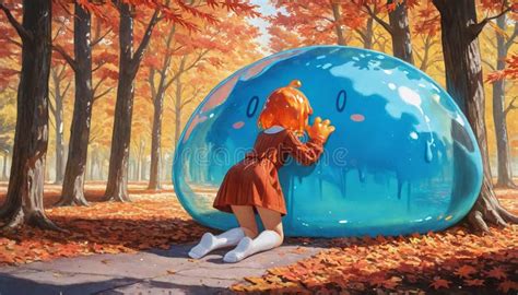 Happy Anime Girl Hugging Giant Blue Slime In Autumn Forest Stock Illustration Illustration Of