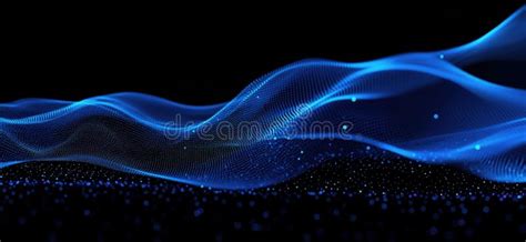 Blue Wave Patterns With Glowing Particles In Dark Background Representing Digital Technology