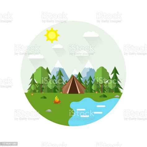 아름다운 숲 장면의 원형 일러스트 플랫 스타일의 여름 풍경 화창한 날 배경 텐트 나무 나무 산 숲과 물 캠핑 여름 캠프 하이킹 관광 낚시에 대한 스톡 벡터 아트 및 기타
