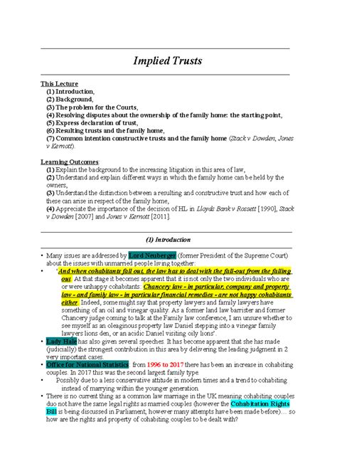 Lecture 8 Implied Trusts —————————————————————— Implied Trusts