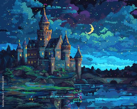 Pixel Art Castle At Night Under A Starry Sky Moat With A Tiny Pixel Dragon Stock Illustration