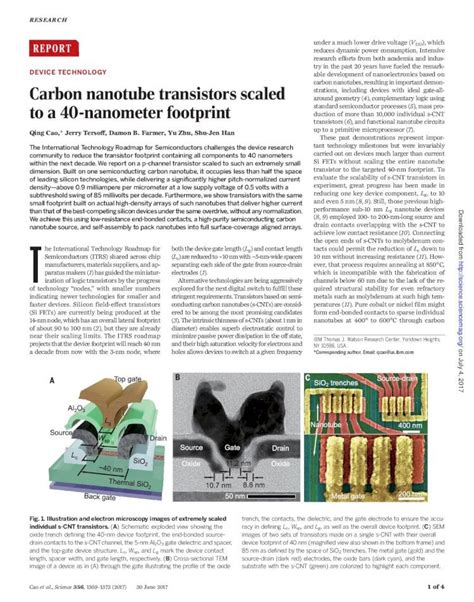 Pdf Carbon Nanotube Transistors Scaled To A 40 Nanometer Footprint